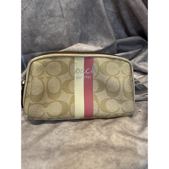 Coach | Bags | Coach Signature Stripe Beige Pink Coated Canvas Leather ...